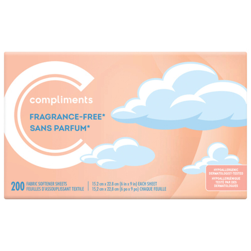 Compliments Fabric Softener Sheets Fragrance Free 200 Count - Voilà ...