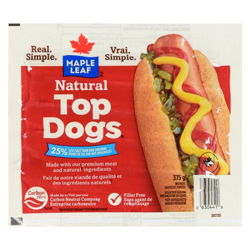 Maple Leaf Natural Top Dogs Hot Dogs Less Salt 375 g - Voilà Online ...