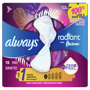 Always Radiant Zero Feel Infinity Pads Size 1 With Wings Light Scent 15 ...
