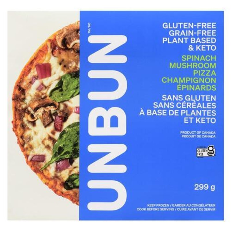 Unbun Foods Keto Gluten-Free Grain-Free Frozen Pizza Spinach Mushroom ...