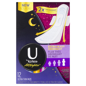 U by Kotex All Nighter Ultra Thin Extra Heavy Pads With Wings 12 Count ...
