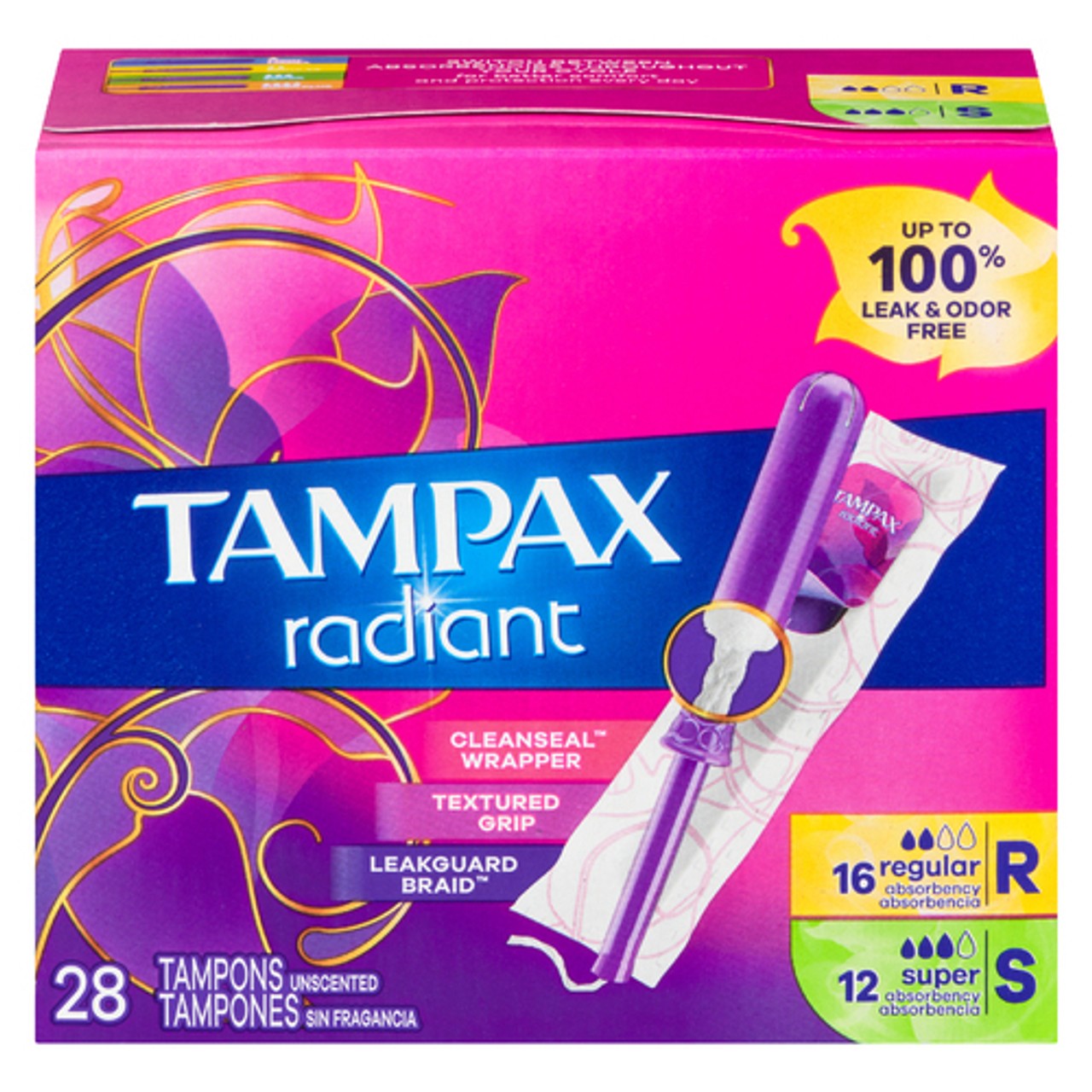 Tampax Radiant Tampons Regular And Super Unscented 28 Count - Voilà ...