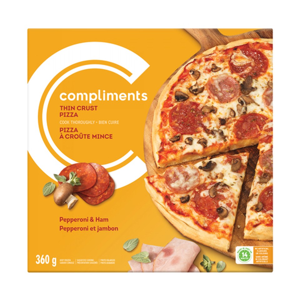 Compliments Frozen Thin Crust Pizza Pepperoni And Ham 360 g - Voilà ...