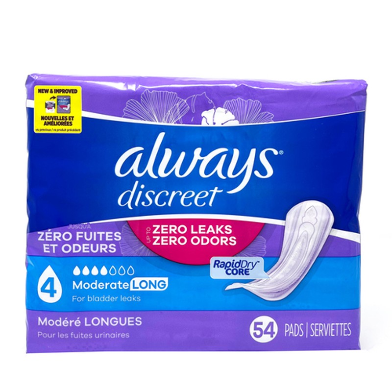 Always Discreet Pads Moderate Long 54 Count - Voilà Online Groceries ...