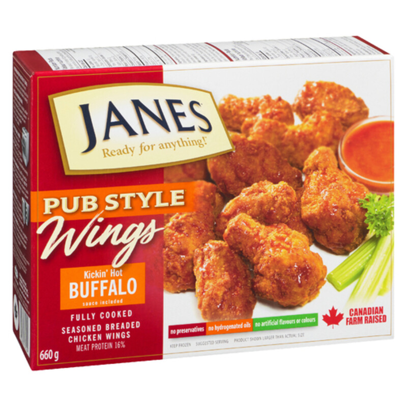 Janes Frozen Chicken Wings Pub Style Fully Cooked With Buffalo Sauce ...