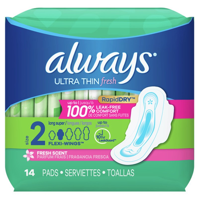 Always Rapid Dry Ultra Thin Pads Size 2 With Wings Fresh Scent 14 Count ...