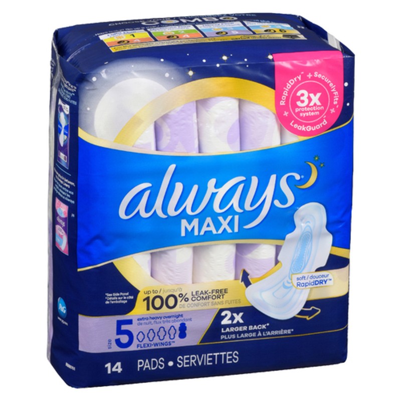 Always Maxi Pads Extra Heavy Overnight Size 5 With Wings 14 Count ...