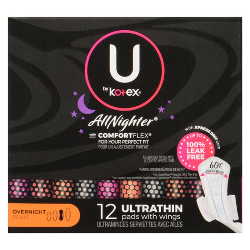 U By Kotex All Nighter Ultra Thin Pads Overnight With Wings 12 Count ...