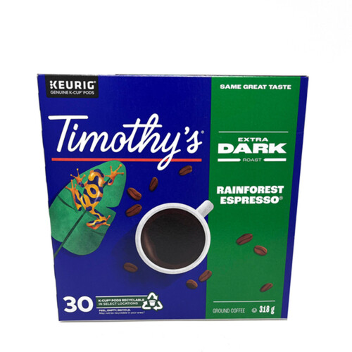 Timothy's Coffee Pods Rainforest Espresso Extra Dark K-Cups 30 EA ...