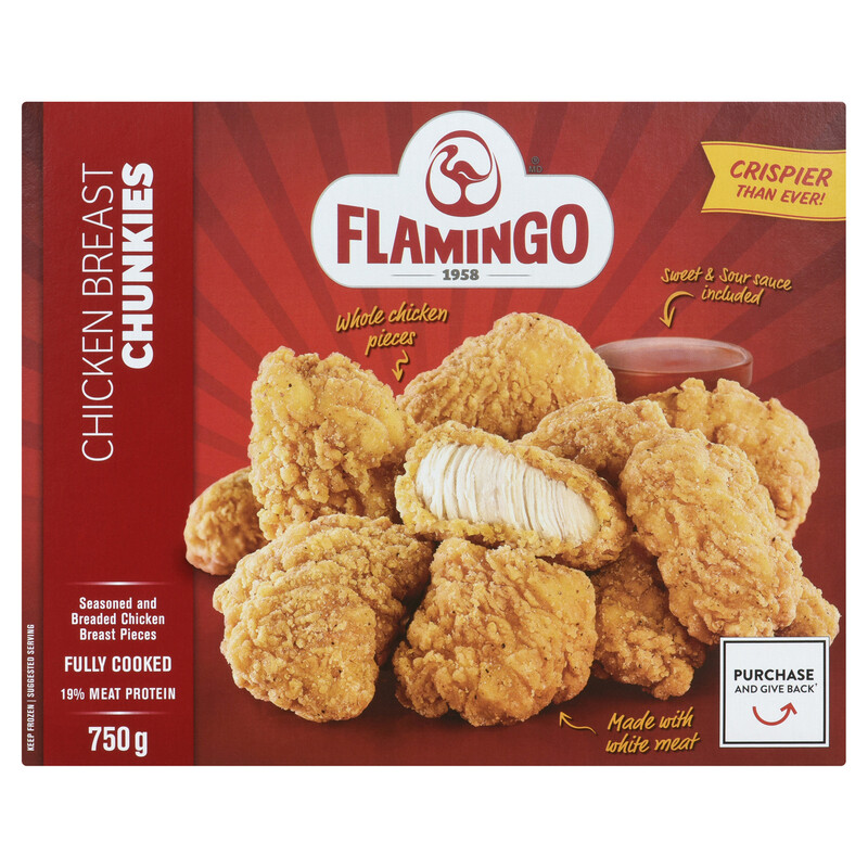 Flamingo Frozen Breaded Fully-Cooked Chicken Breast Chunkies Plain 750 ...