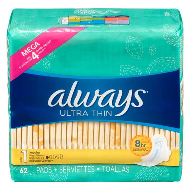 Always Ultra Thin Pads Regular Size 1 With Wings 62 Count - Voilà ...