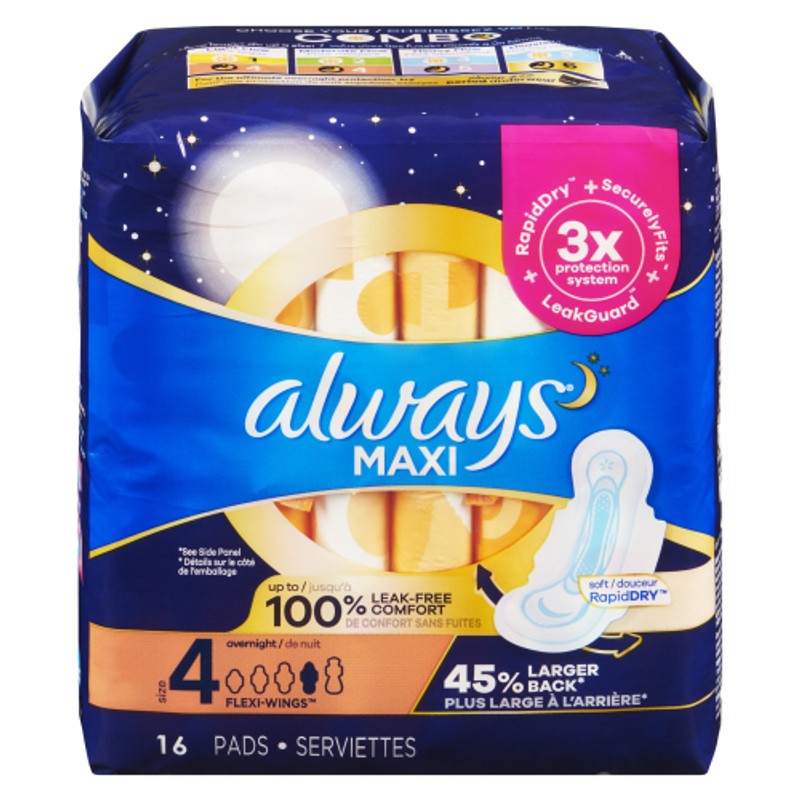 Always Maxi Pads Overnight Size 4 With Wings 16 Count - Voilà Online ...