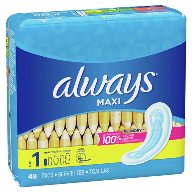 Always Rapid Dry Maxi Pads Regular Size 1 48 Count - Voilà Online ...